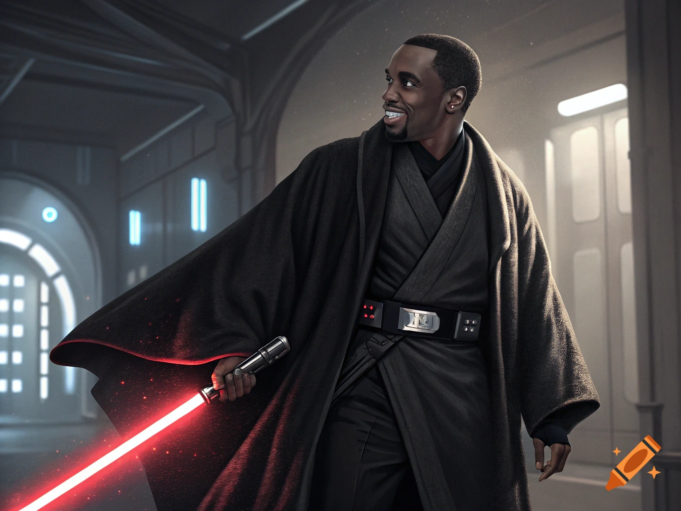 P. Diddy in a black Star Wars robe holding a red lightsaber. on Craiyon