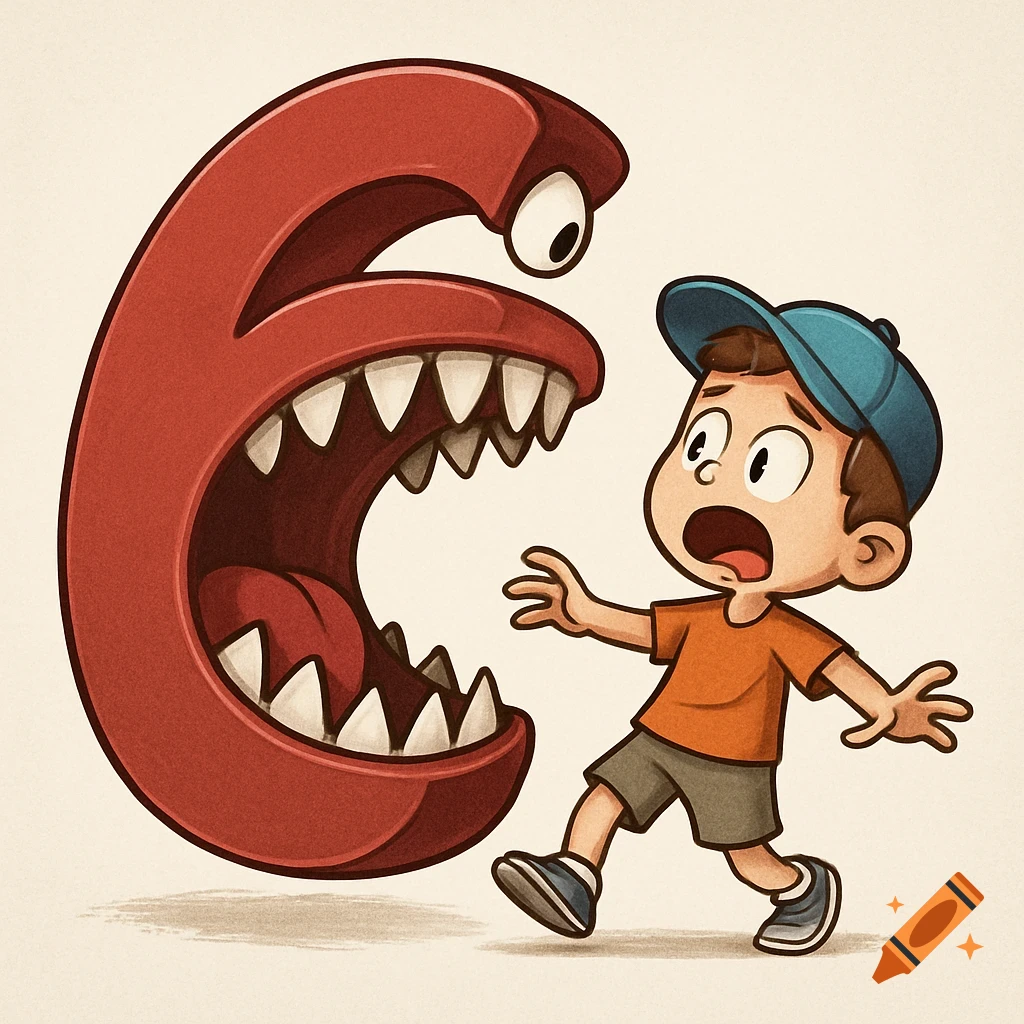 A scared cartoon boy runs from a large, red monster shaped like the ...