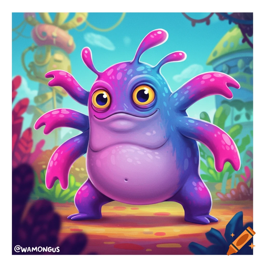 A colorful cartoon monster with multiple limbs stands in a vibrant ...