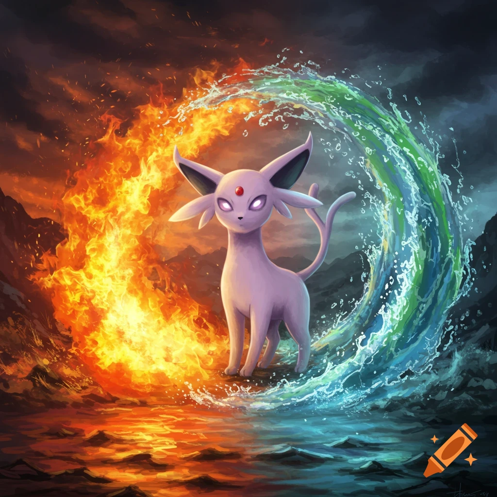 Espeon stands between swirling fire and water in a dramatic, painted ...