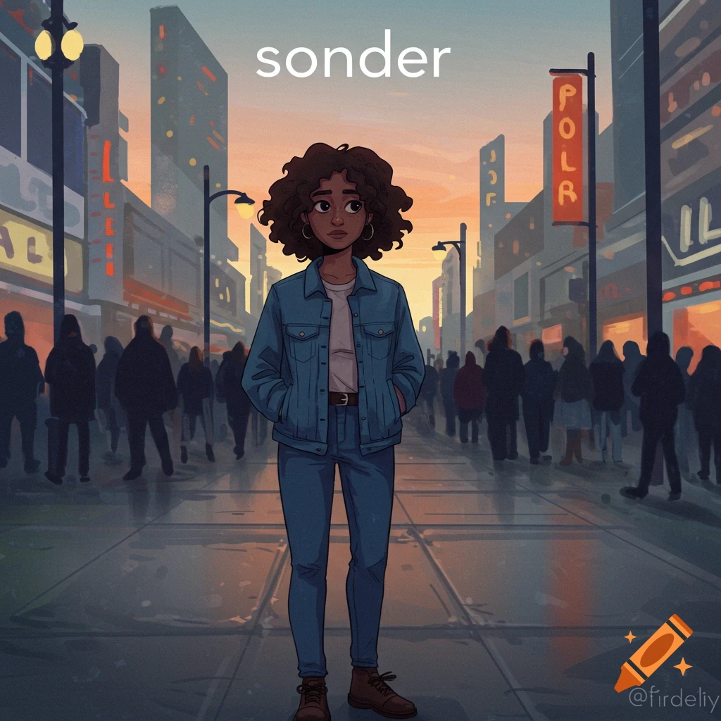 A woman stands in a stylized city street, surrounded by blurred figures ...