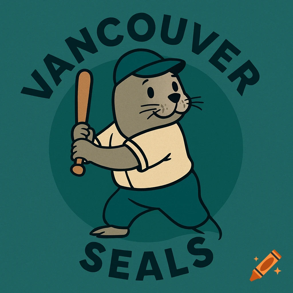 Cartoon seal in baseball uniform holding a bat, in a logo with text ...
