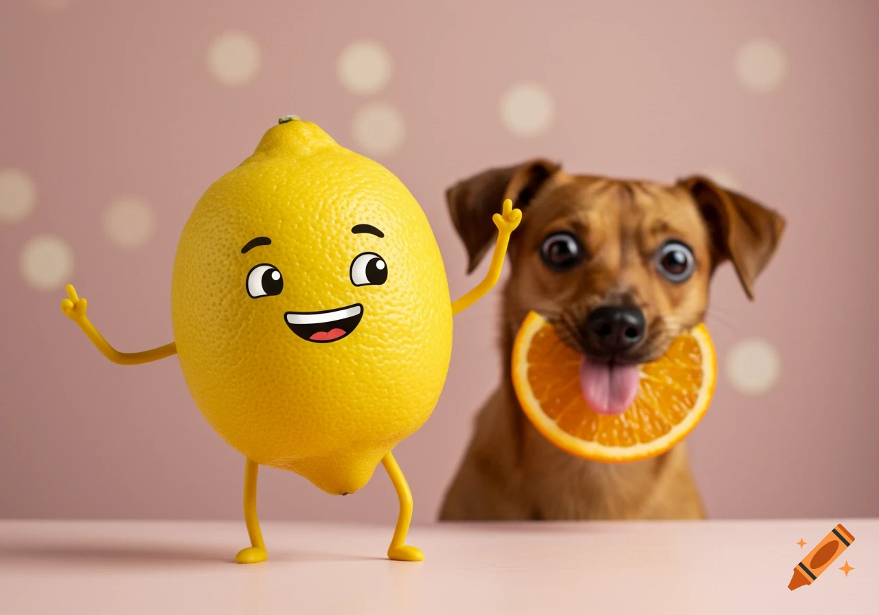 Cartoon lemon character next to a dog with an orange slice in its mouth ...
