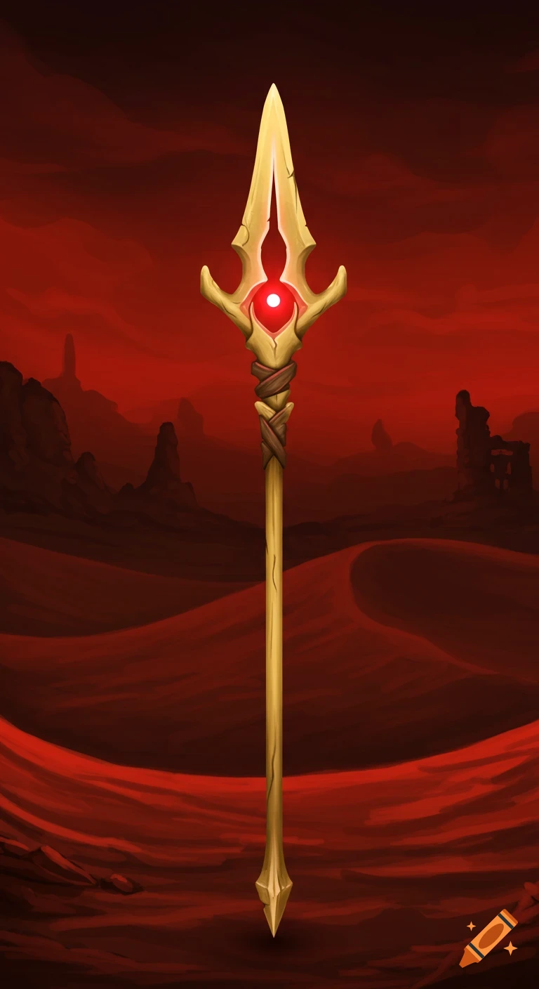 A golden spear with a red glowing gem stands centered in a red desert ...