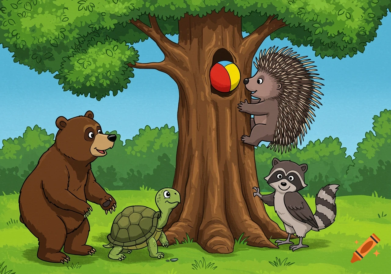 Cartoon illustration of forest animals: a bear, turtle, and raccoon ...