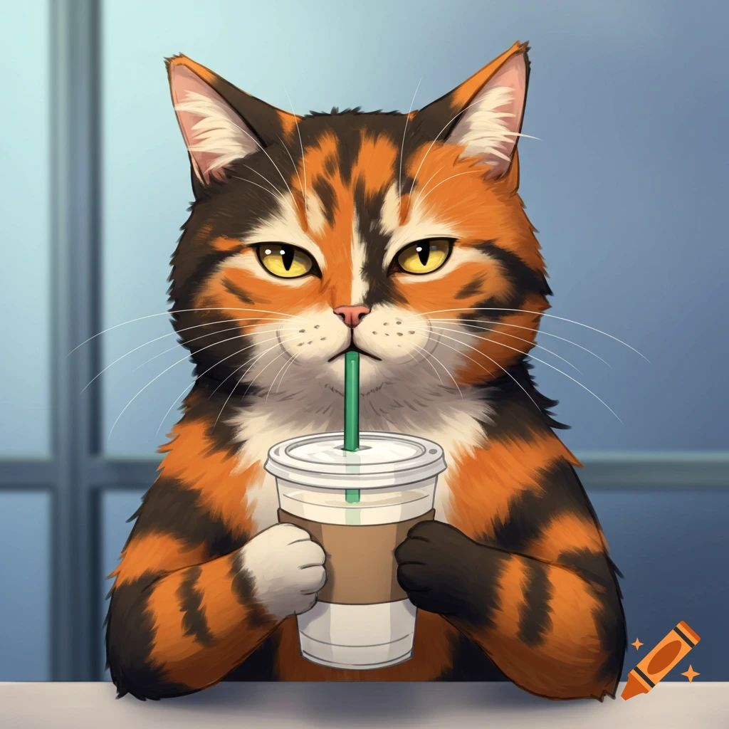 A tortoiseshell cat with an unimpressed look drinks from a to-go cup in ...