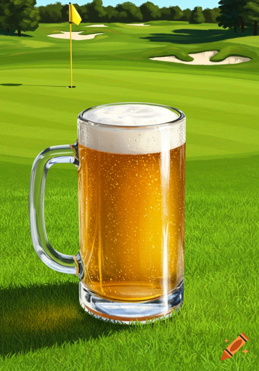 A glass beer mug sits on the green grass of a golf course with a flag ...
