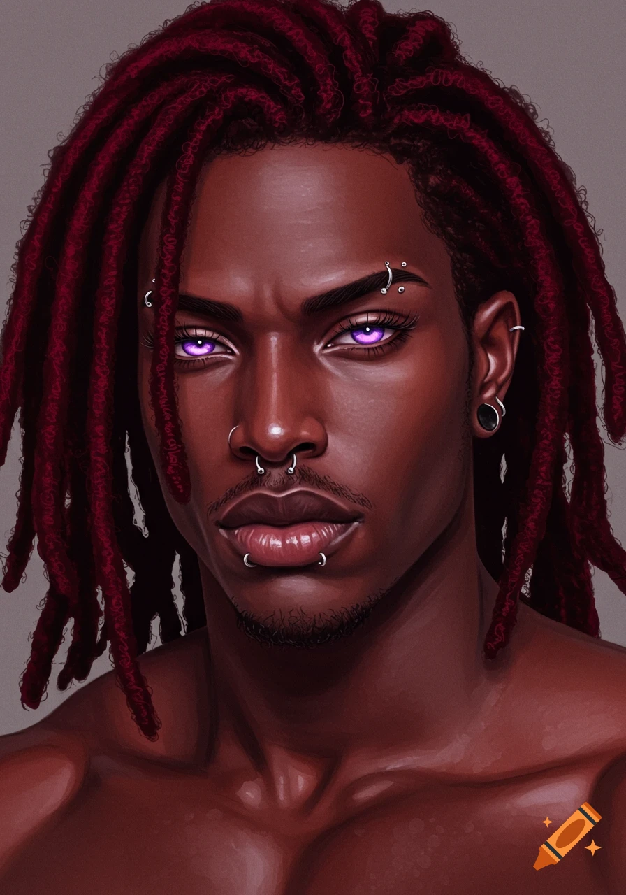 Digital painting of a Black man with red locs, purple eyes, and facial ...