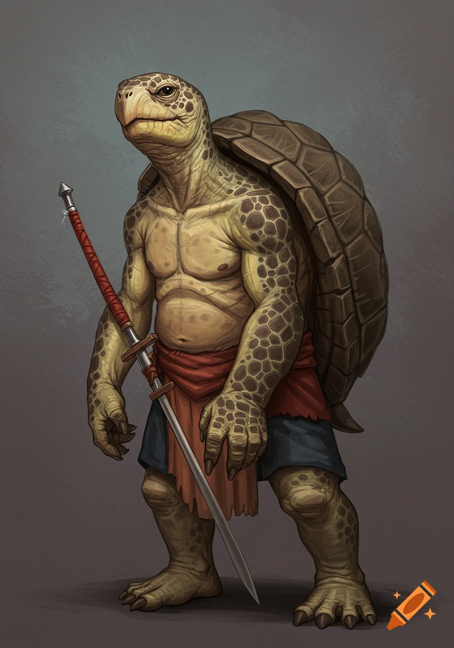 Muscular turtle creature holding a sword, fantasy art. on Craiyon