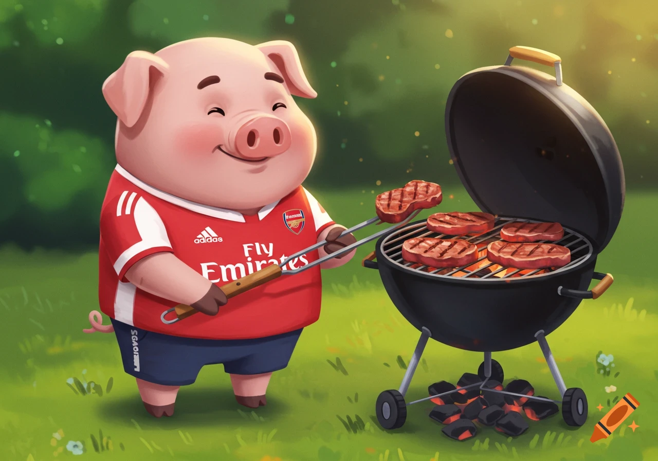 Cute cartoon pig in an Arsenal jersey grilling steaks outdoors. on Craiyon