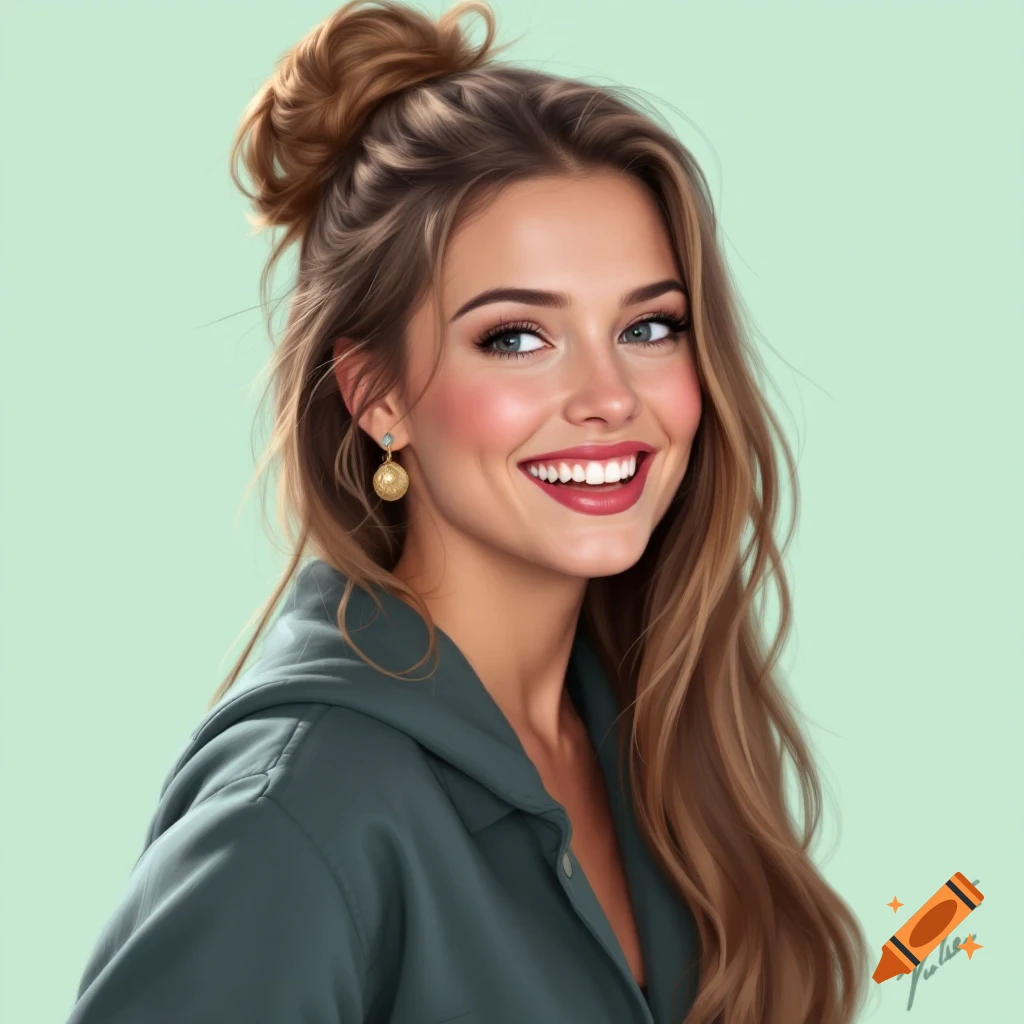 Digital portrait of a young woman with a bun and flowing hair, smiling ...