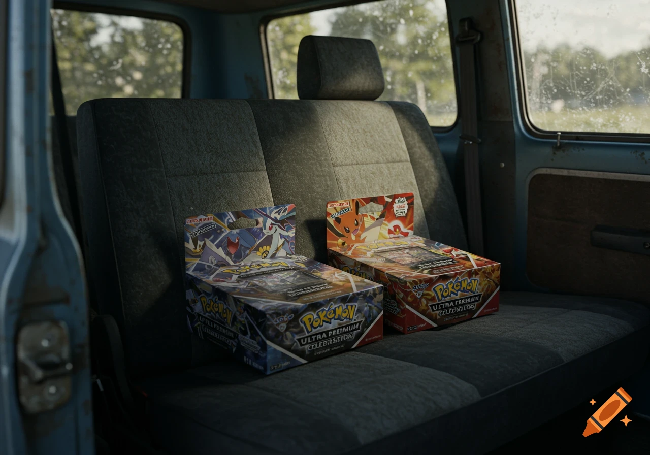 Two Pokemon trading card boxes sit on the back seat of a van. on Craiyon