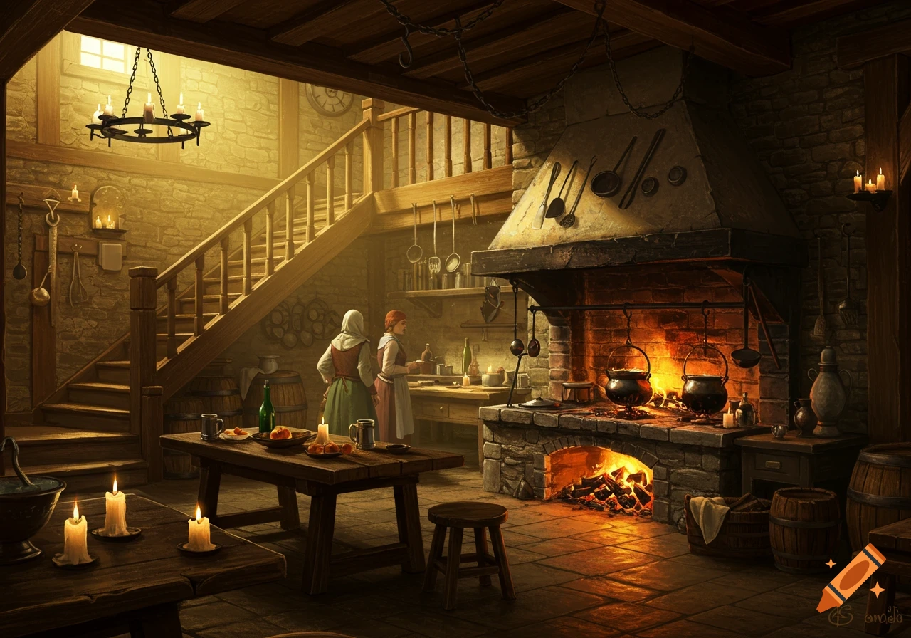 A medieval tavern kitchen with two figures by a large fireplace and ...
