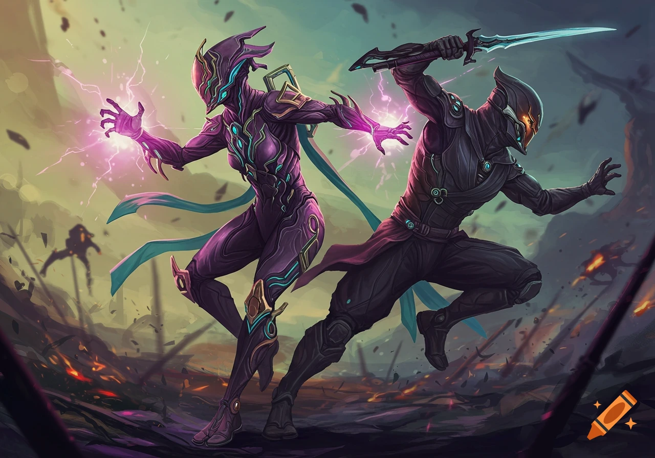 Two armored fantasy/sci-fi characters fighting, one casting magic and ...