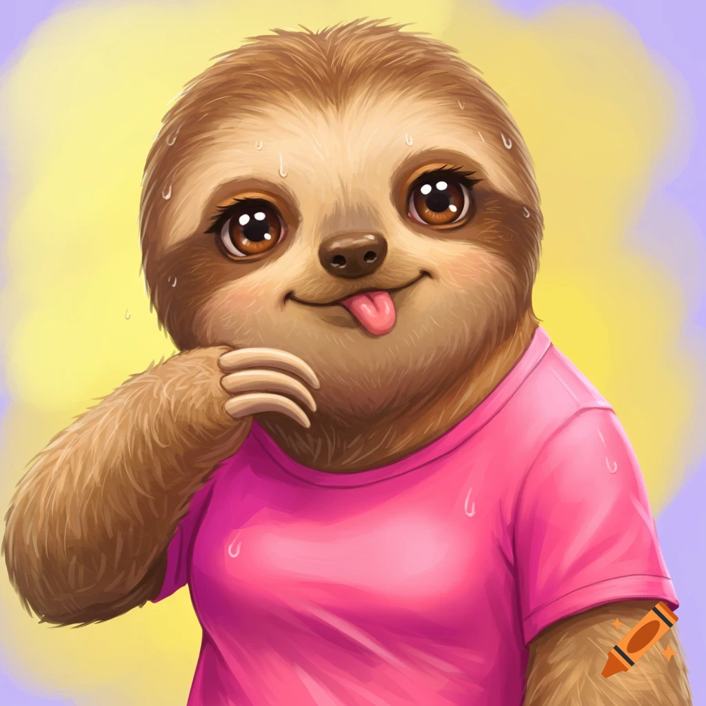 Cute cartoon sloth in pink t-shirt sweating, sticking tongue out. on ...