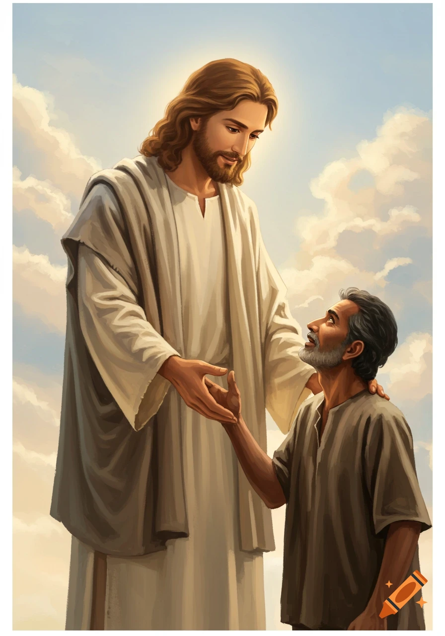 Jesus reaches out to help a man in a painted illustration with a sky ...