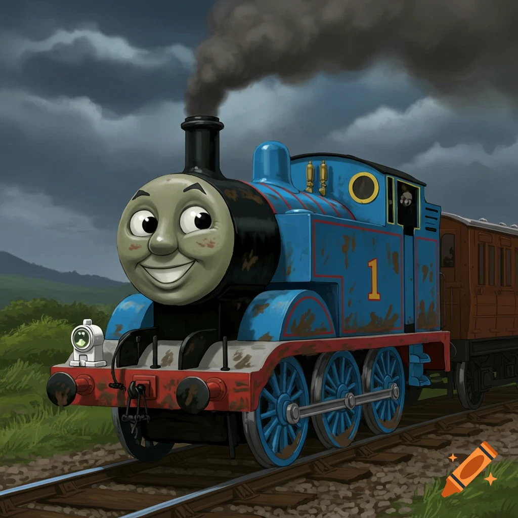 Dirty Thomas the Tank Engine train on tracks under a cloudy sky ...