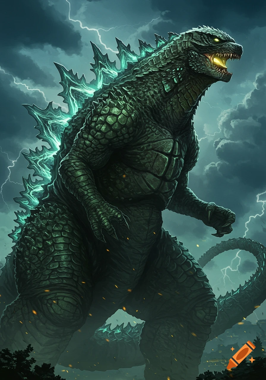 Godzilla stands tall against a stormy sky filled with lightning ...