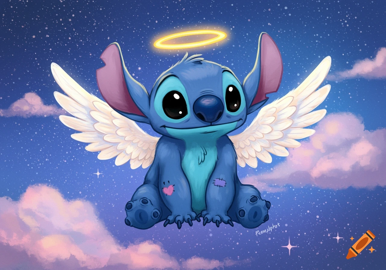 Stitch with angel wings and halo floats in a starry sky with clouds. on ...