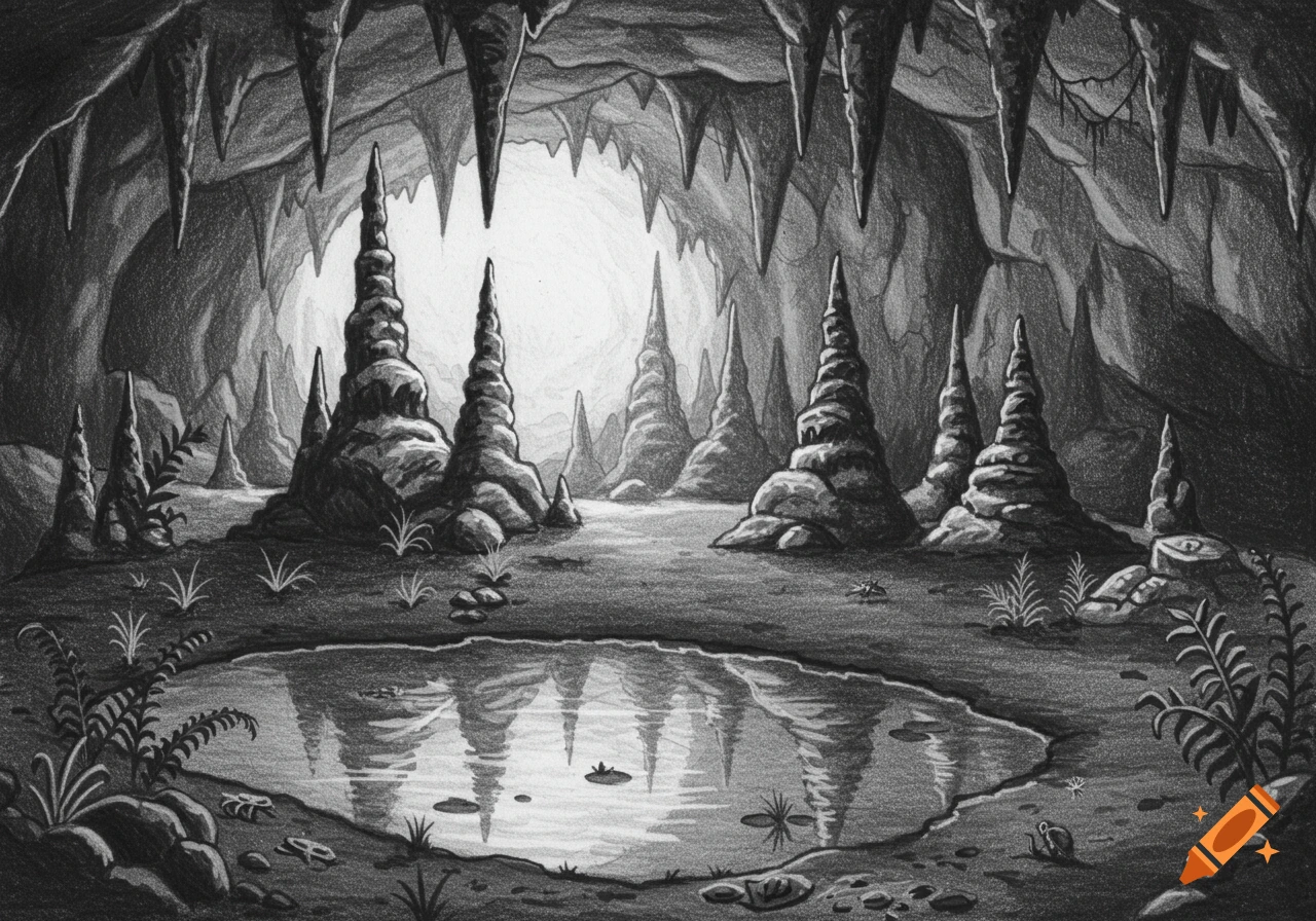 Pencil drawing of a cave interior with stalactites, stalagmites, and a ...