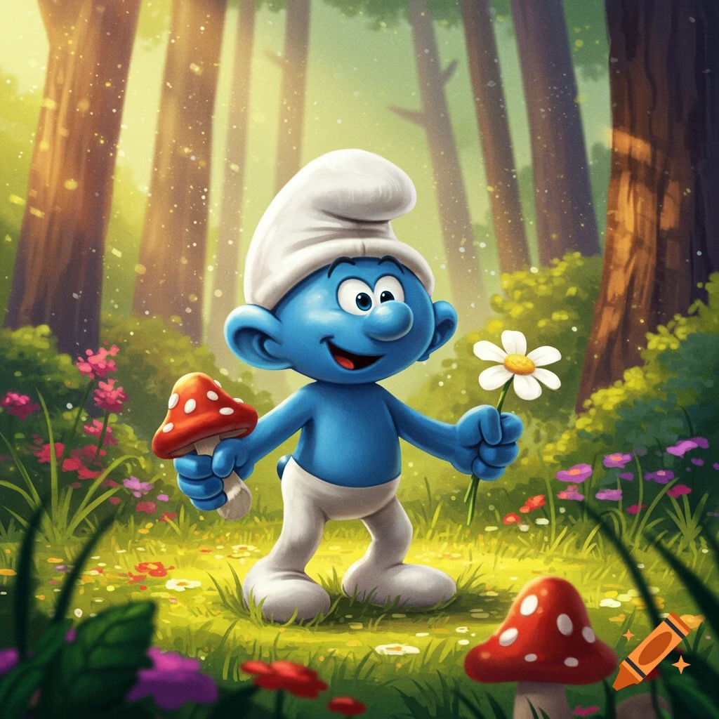 A cartoon Smurf character in a forest holds a mushroom in one hand and ...