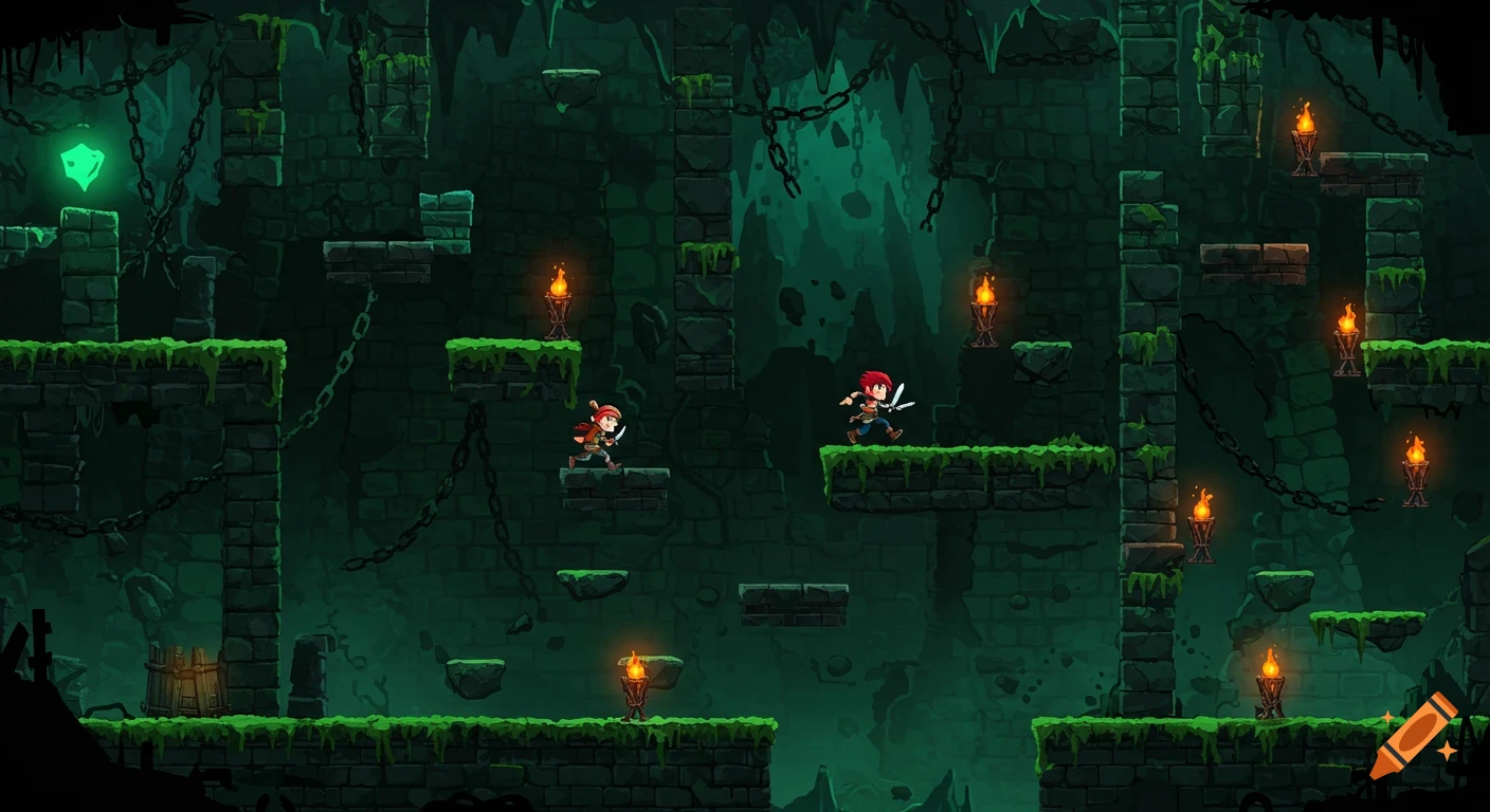 A 2D platformer game level in a dark cave with stone walls, mossy platforms, chains, torches ...