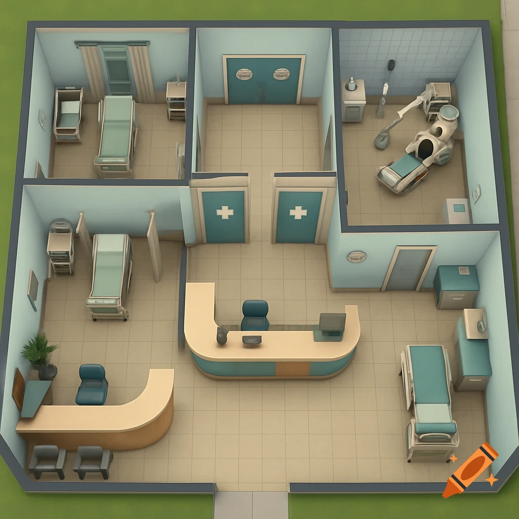 A Sims 4 style hospital floor plan shown from a top-down view. on Craiyon