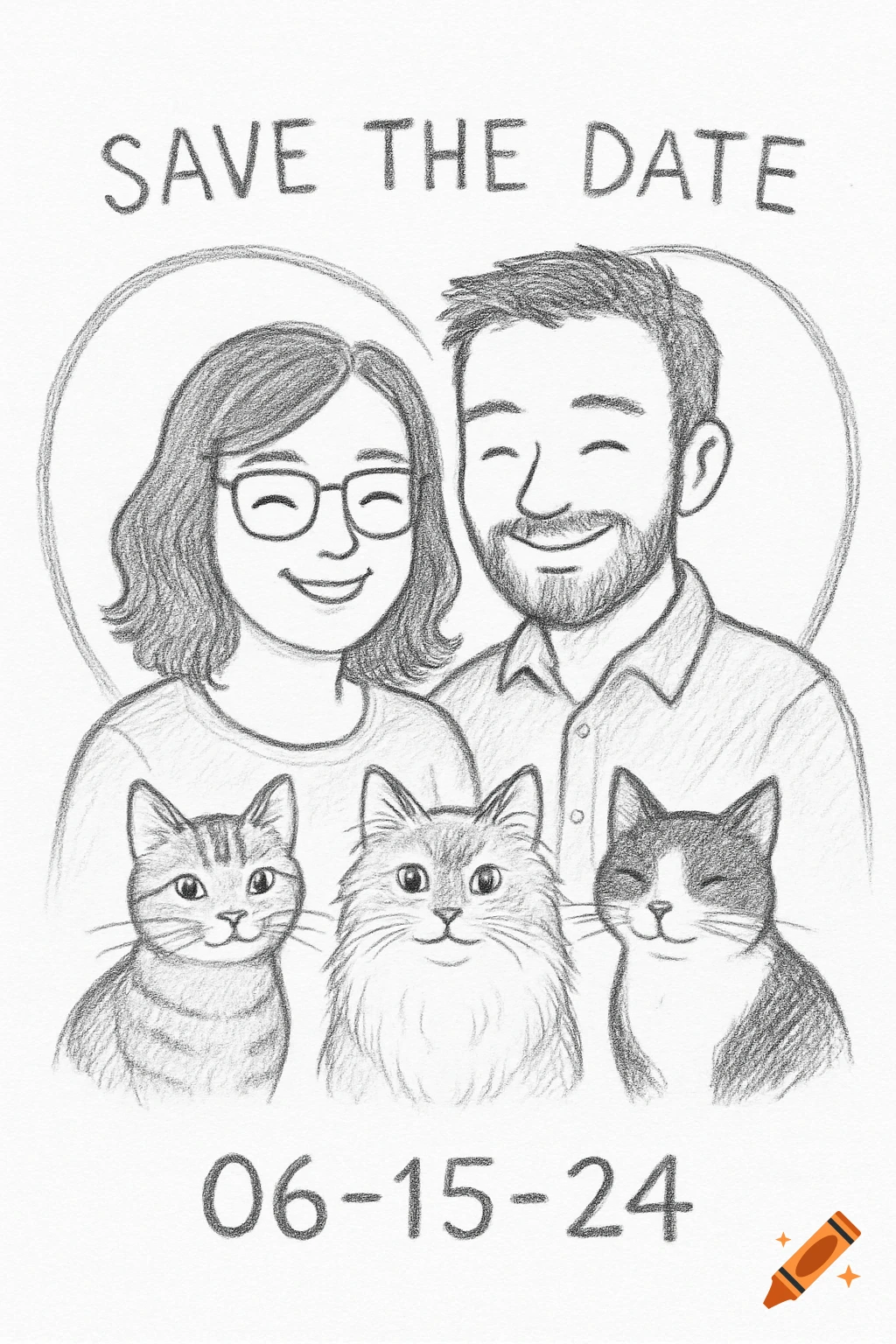 Pencil sketch of a couple and three cats, with text 'Save the Date' and ...