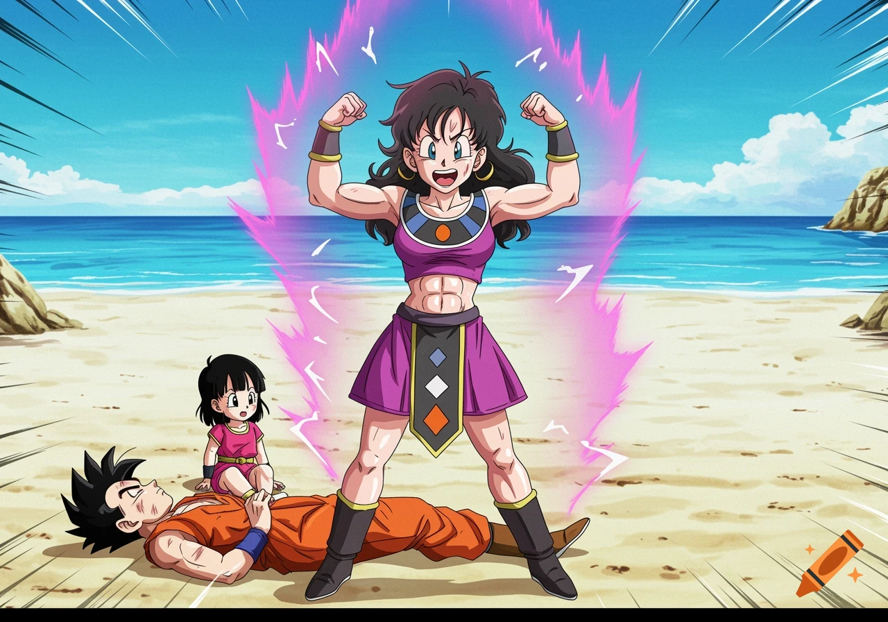 Muscular Videl flexing on a beach, Pan sits on defeated Gohan. Anime ...