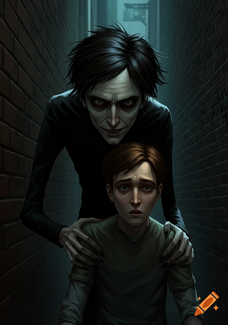 A shadowy figure with long fingers looms over a scared boy in a dark ...