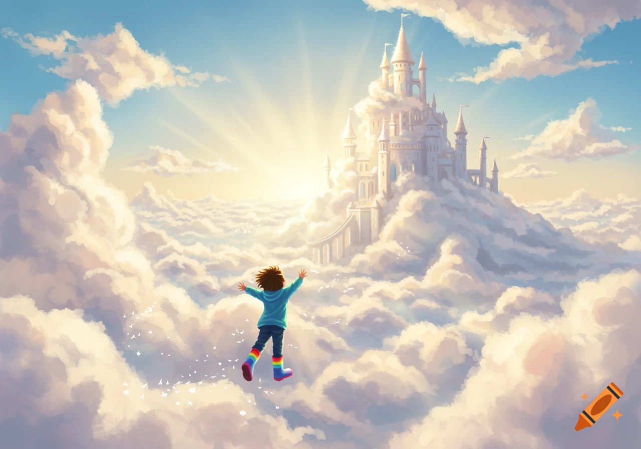 Illustrated scene of a child floating through clouds toward a majestic castle at sunrise on Craiyon