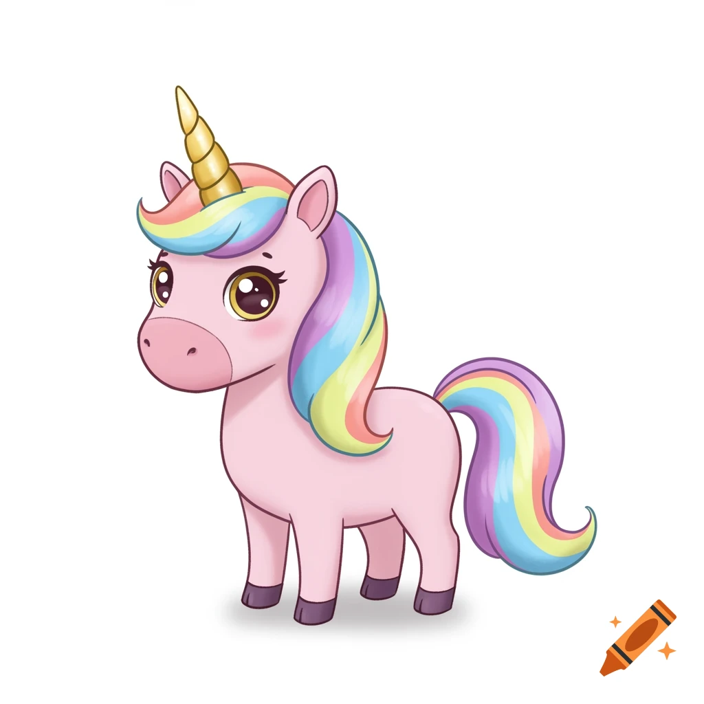 A cute cartoon unicorn with a rainbow mane and tail on a white background. on Craiyon