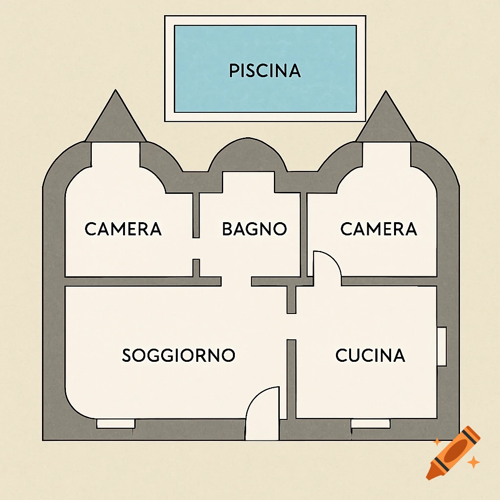 Simple floor plan diagram of a house with rooms labeled in Italian and ...