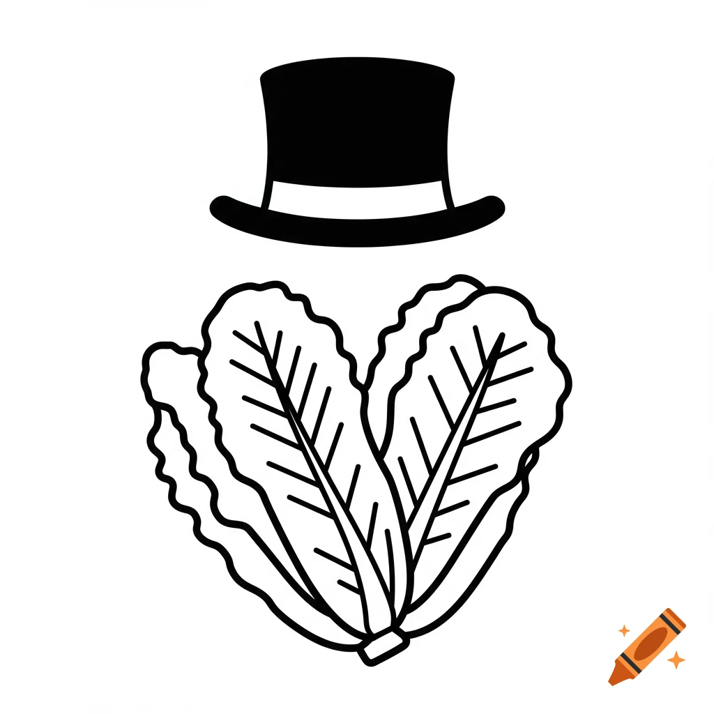 Simple black and white line drawing of a top hat above two romaine ...