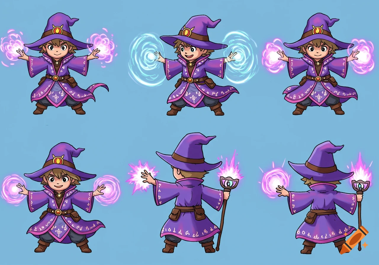 Chibi wizard character sheet showing different poses casting spells on ...