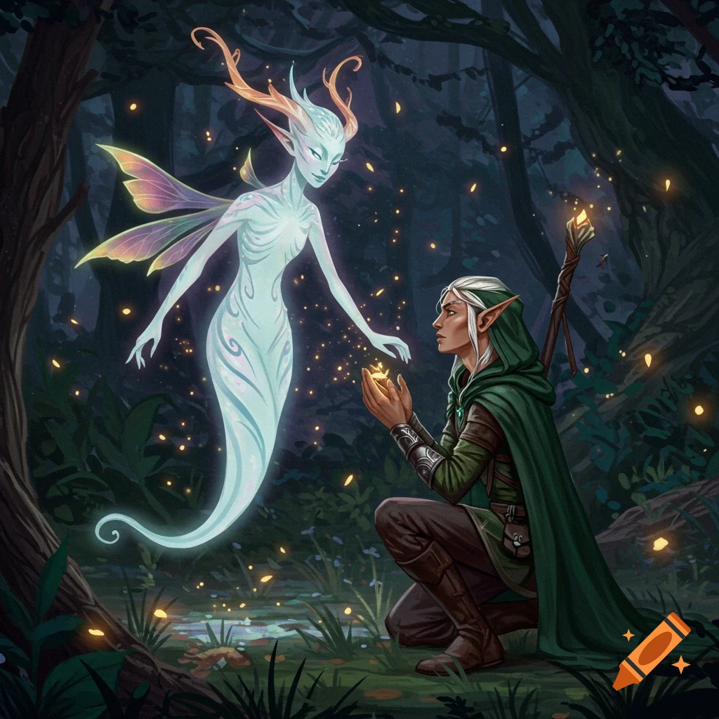 An elf character kneels, looking up at a glowing fey creature in a dark ...