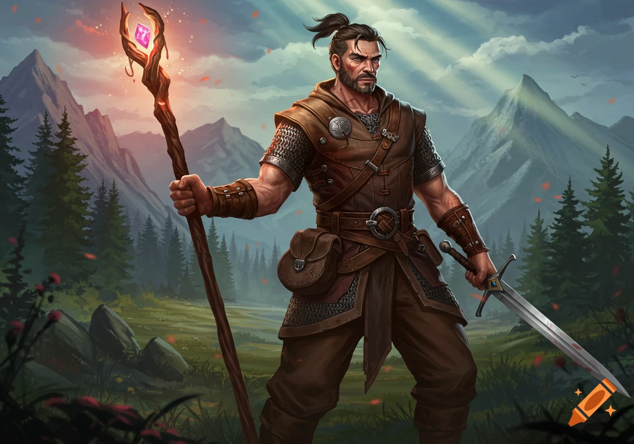 A fantasy mage warrior with a staff and sword stands in a mountain ...