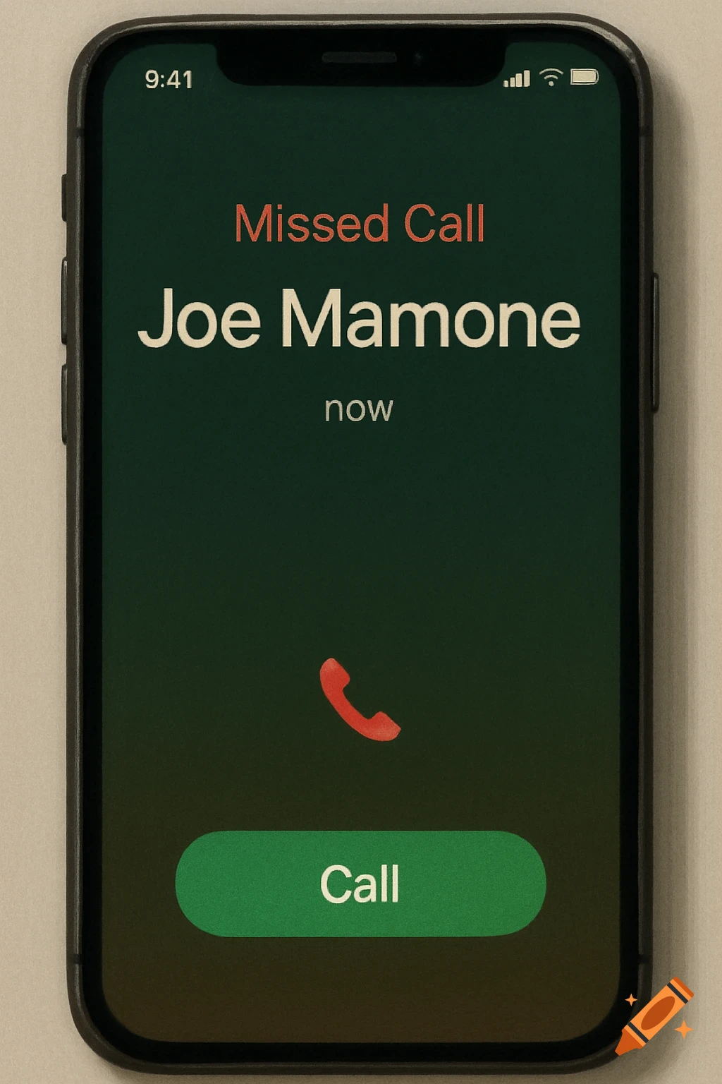 Close-up of a phone screen showing a missed call notification from Joe ...