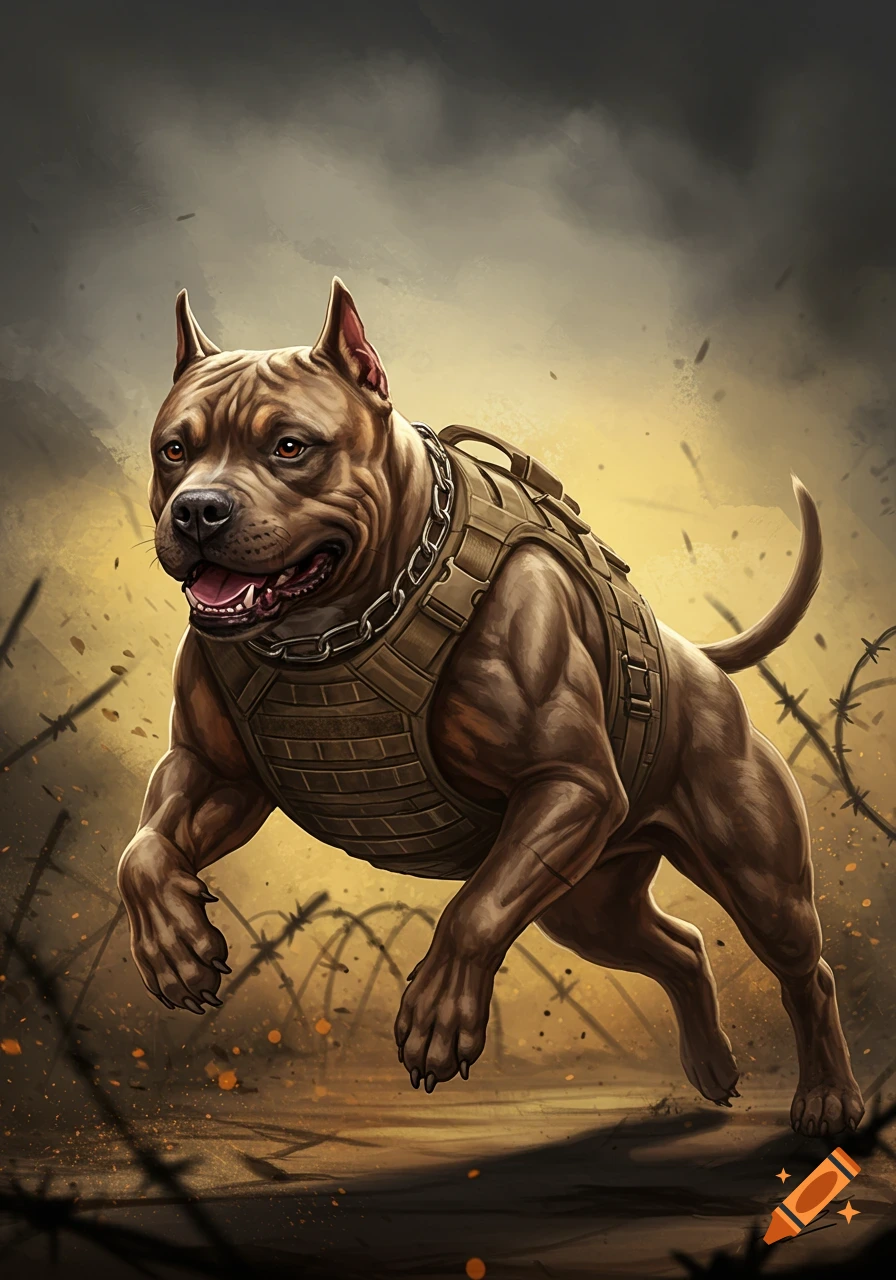 Illustration of a muscular pit bull wearing a tactical vest, running ...