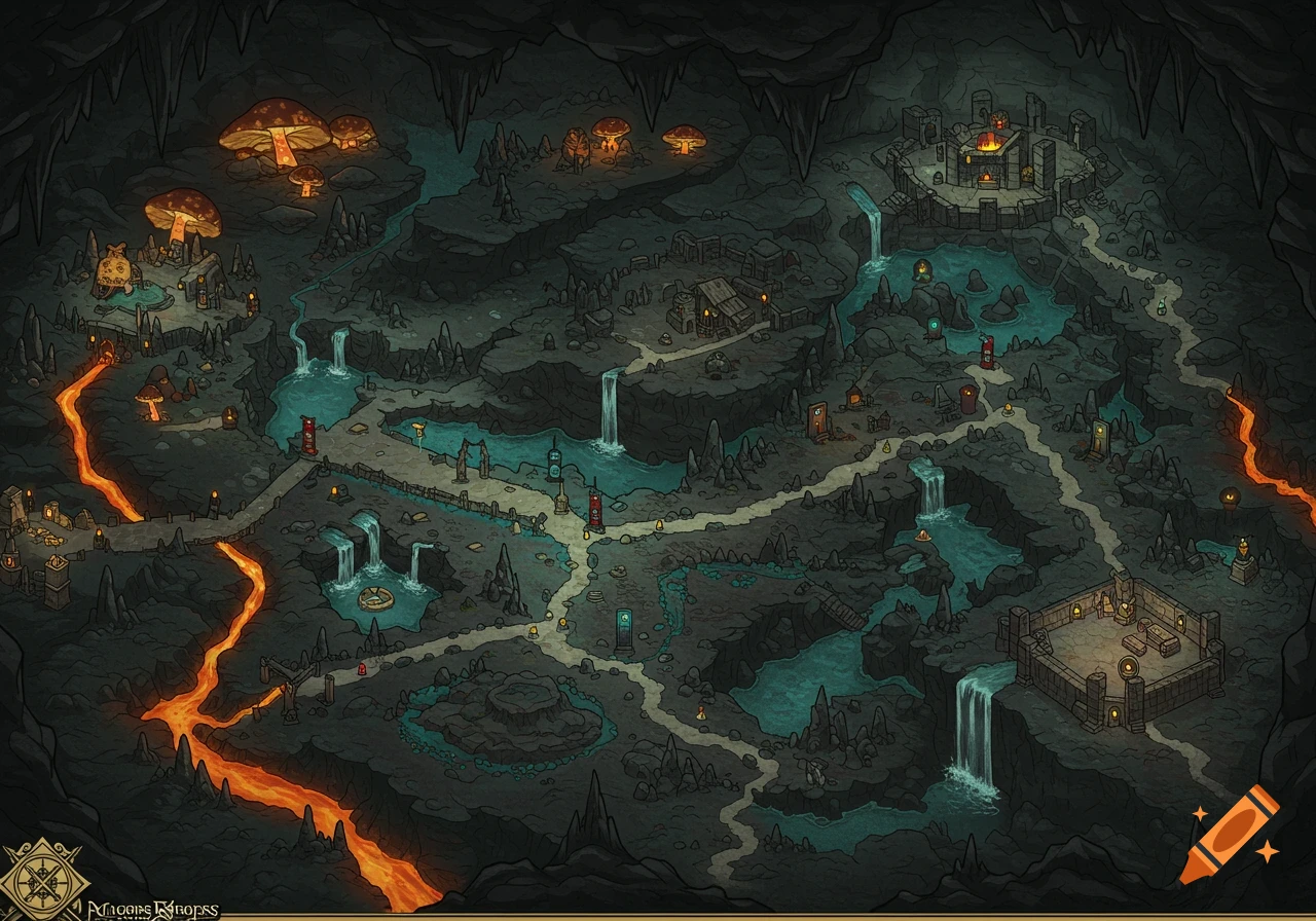 A detailed fantasy map of a cave system with rivers, waterfalls, lava, glowing mushrooms, and ...