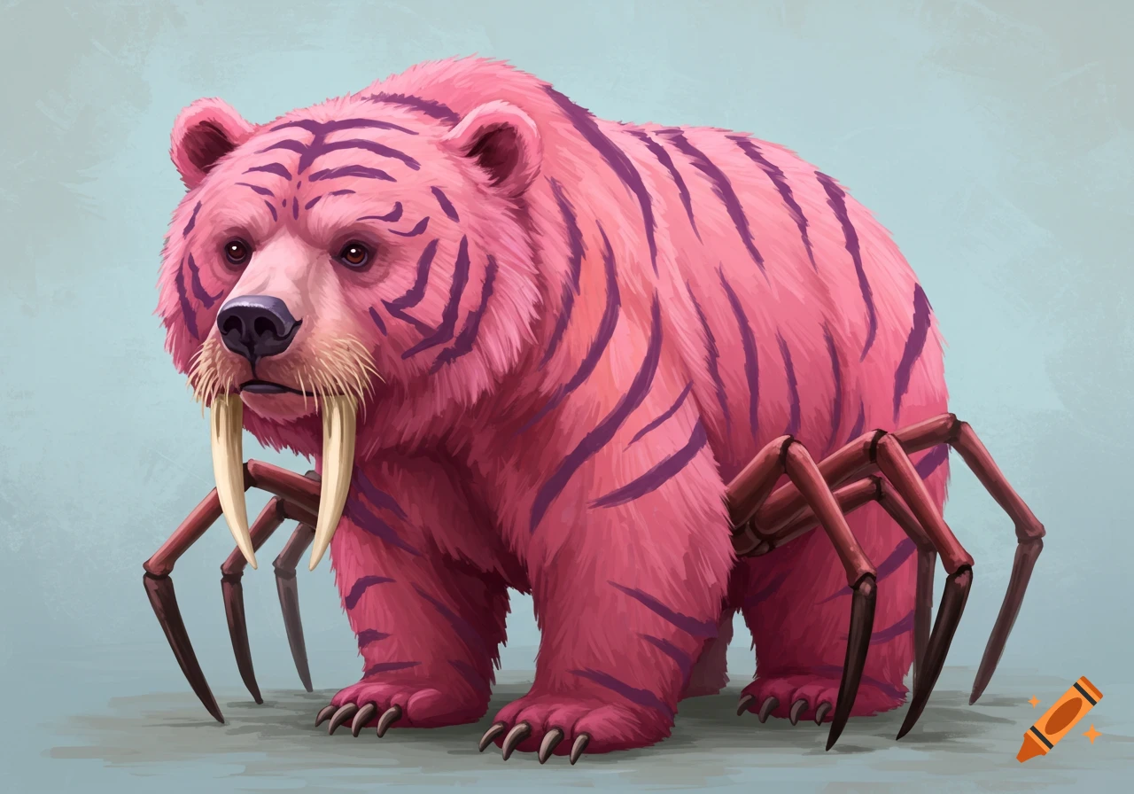 A fantasy creature that is a pink bear with tiger stripes, walrus tusks ...