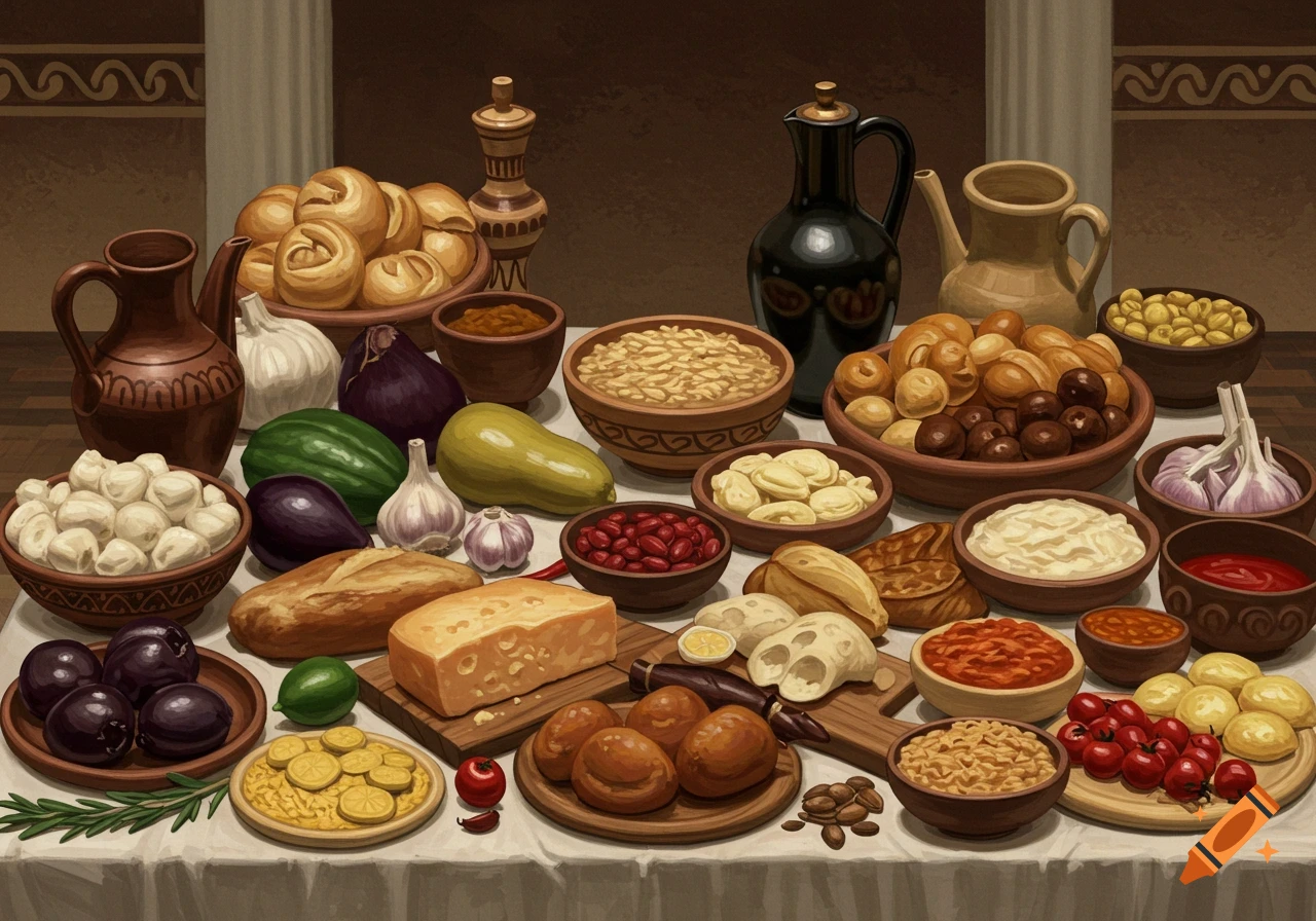 A table laden with a feast of various foods and vessels in ancient ...