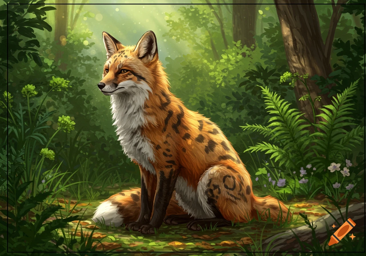 A fox with leopard-like spots sits in a sunlit forest clearing. on Craiyon