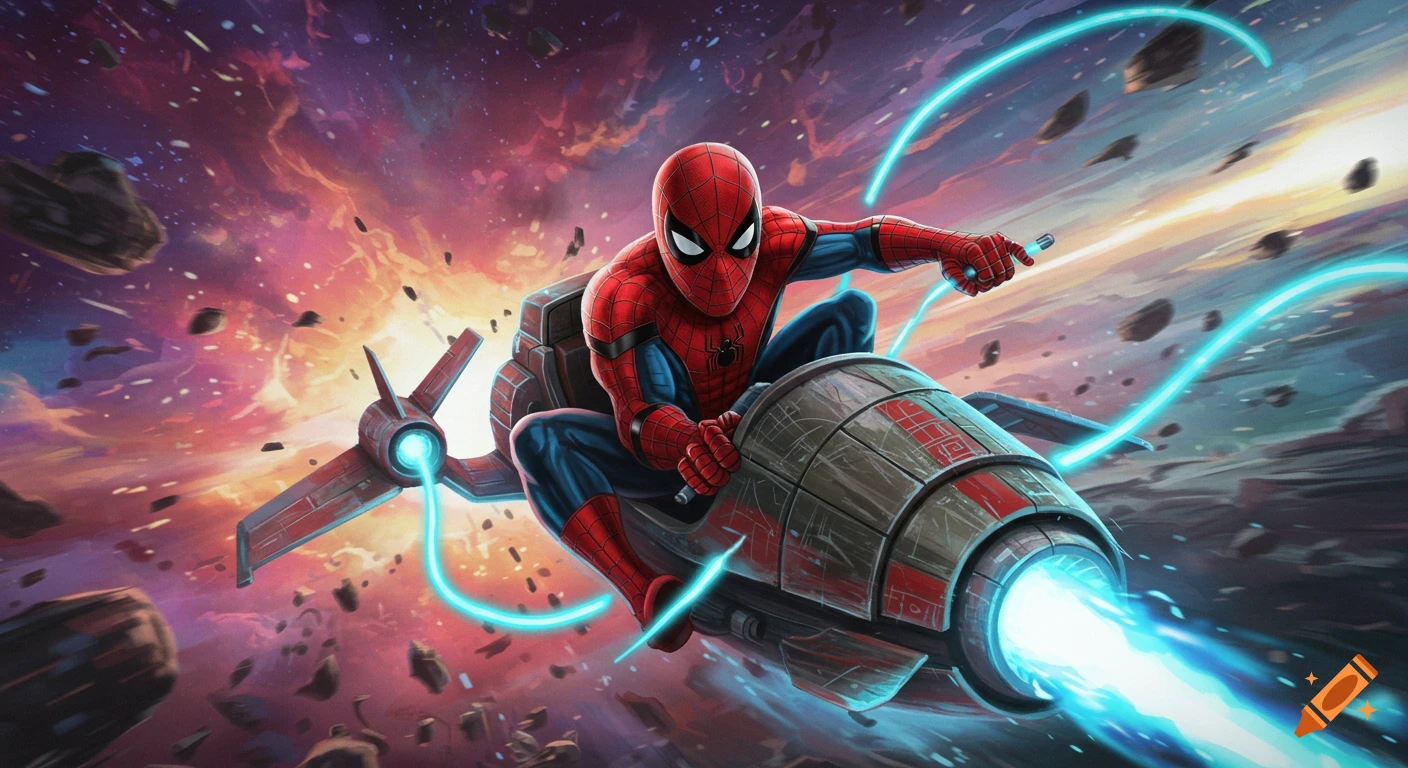 Spider-Man rides a rocket-like vehicle through a field of asteroids in ...