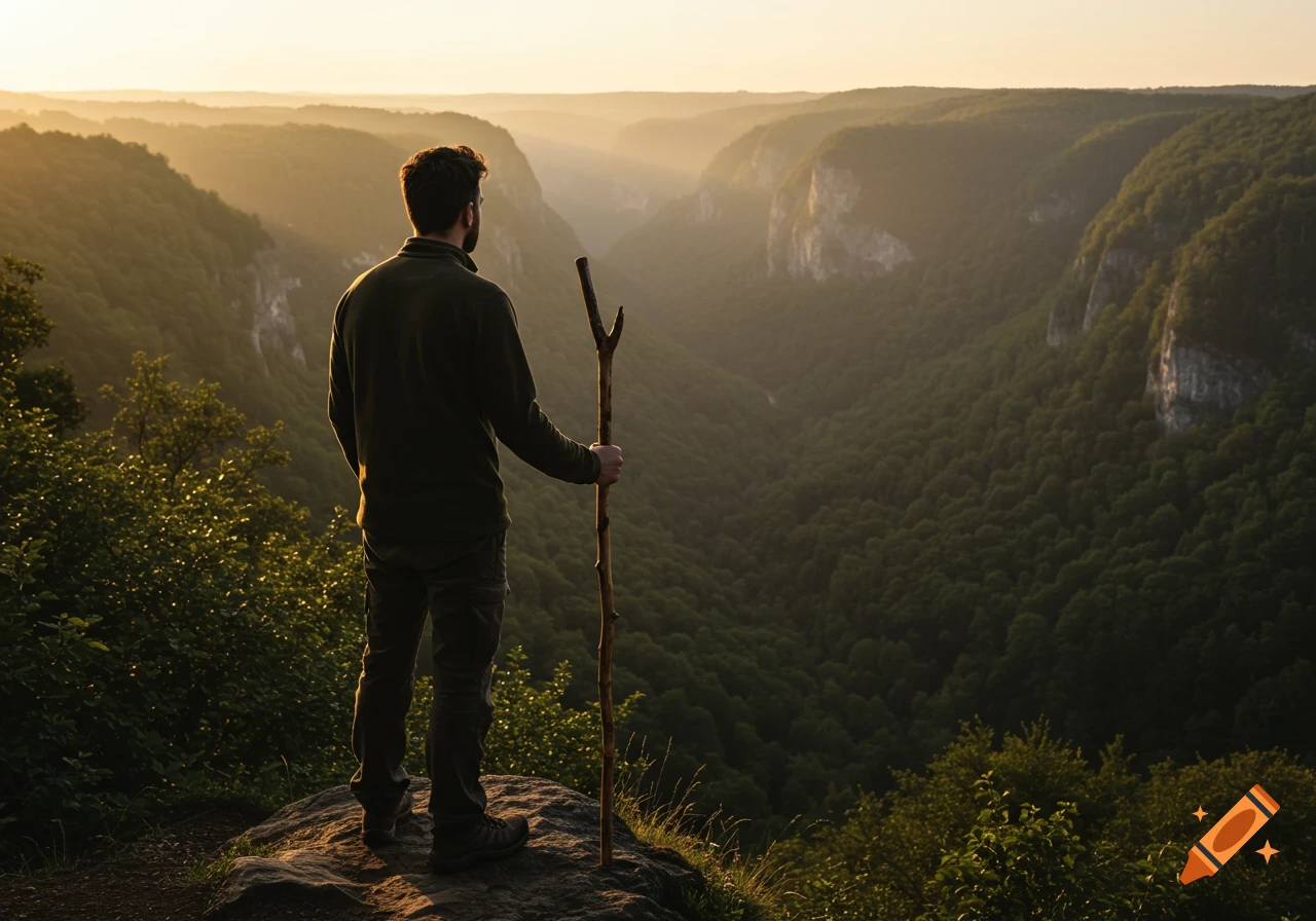 A man stands on a cliff overlooking a forest valley at sunset. on Craiyon