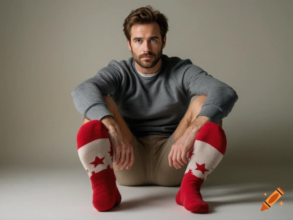 A man sits, looking at the camera and showing off his red and white ...