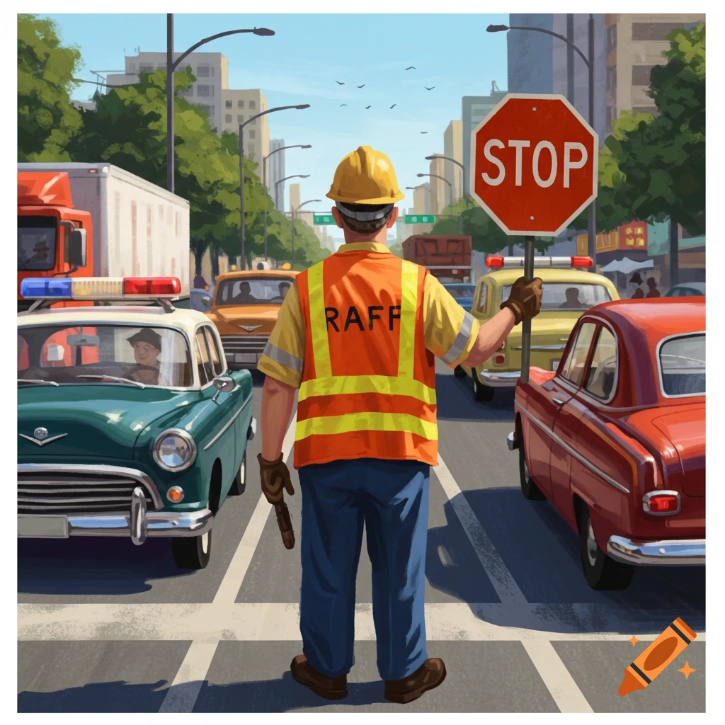 Illustration of a traffic control worker with a stop sign in a city ...