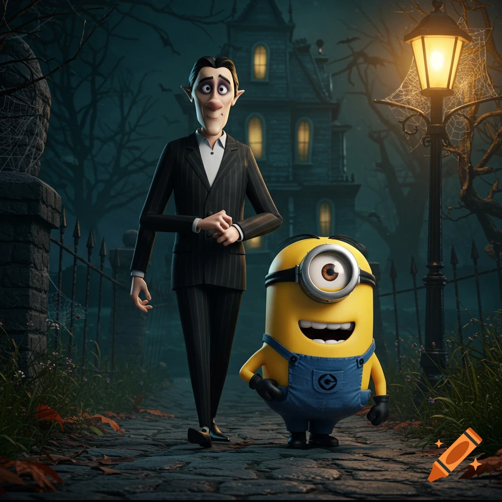 Cartoon man resembling Gomez Addams/Dracula and a Minion walk on a ...