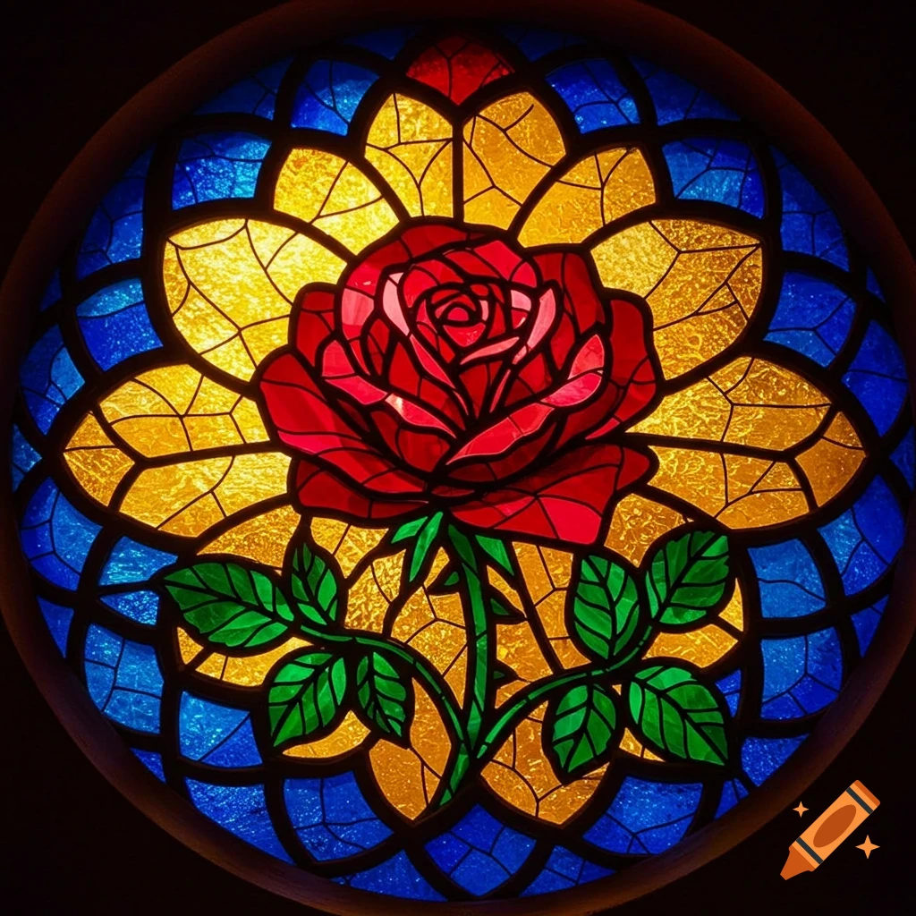 A stained glass window featuring a red rose surrounded by yellow and ...
