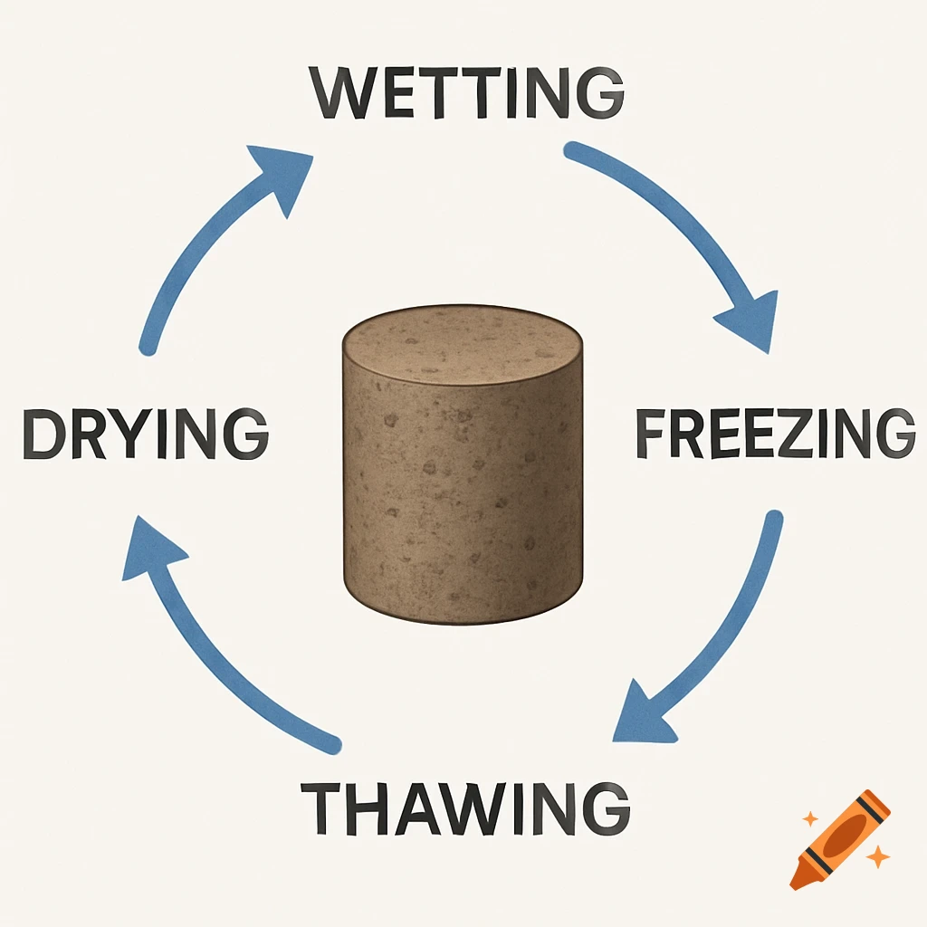 Diagram of a soil sample undergoing wetting, freezing, thawing, and ...